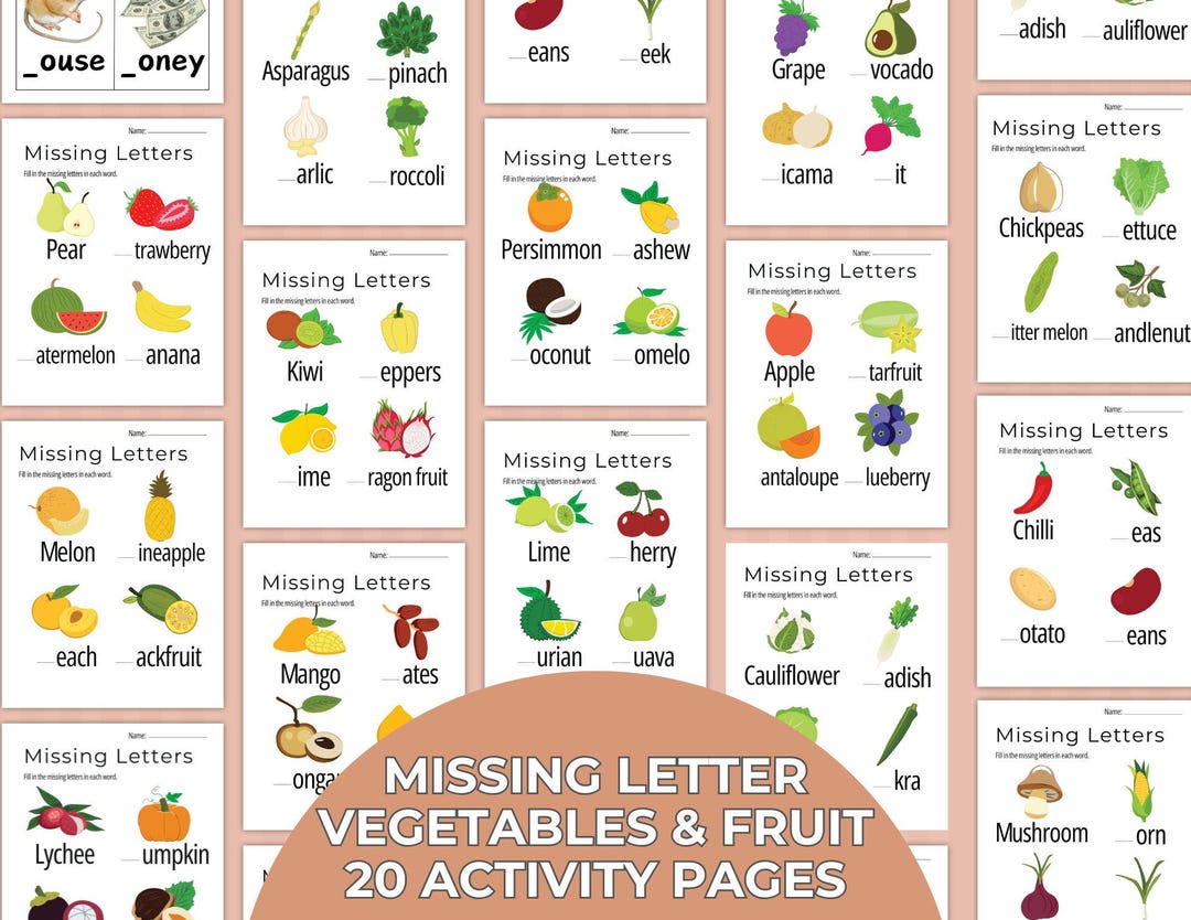 Missing Letter Vegetables & Fruits Worksheets, Writing Alphabet ...