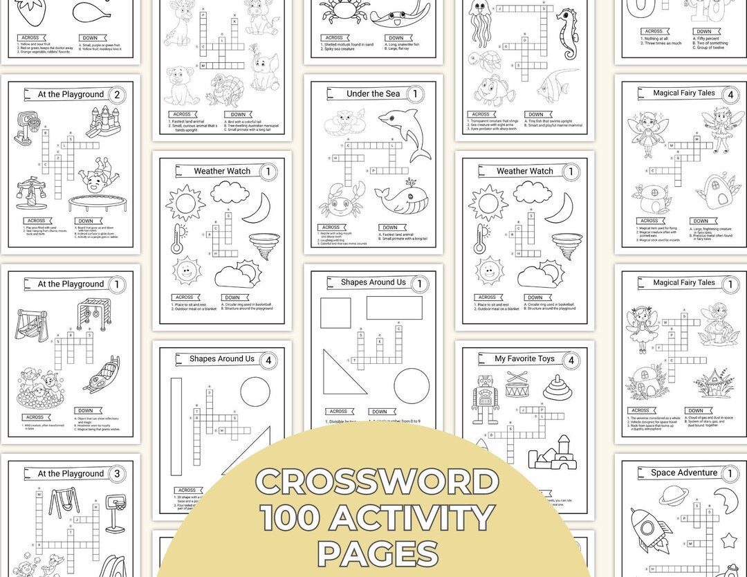 Animals Kids Crossword Puzzle Worksheets, 100 Activity Game Printable ...