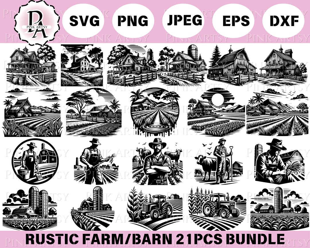Rustic Farm Scene SVG Bundle, Barn, Tractor, Farmer (digital Download ...