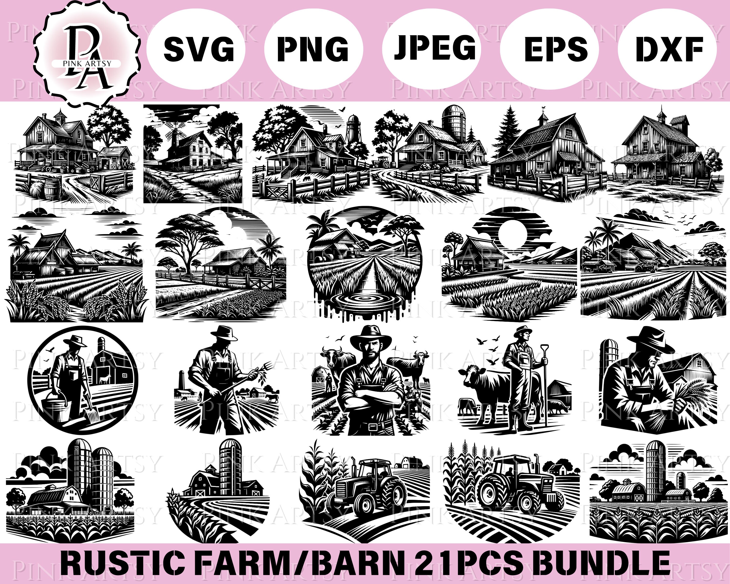 Rustic Farm Scene SVG Bundle, Barn, Tractor, Farmer (digital Download ...