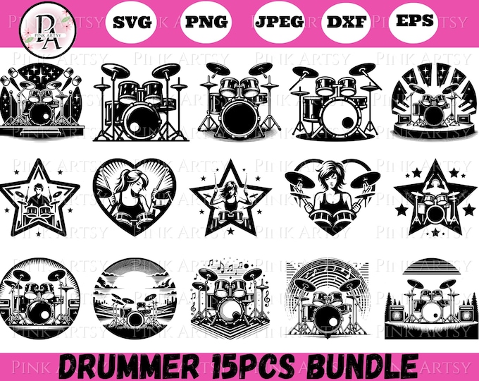 Drums SVG Clipart & PNG Files, Drum Set Clipart Silhouette, Drummer ...