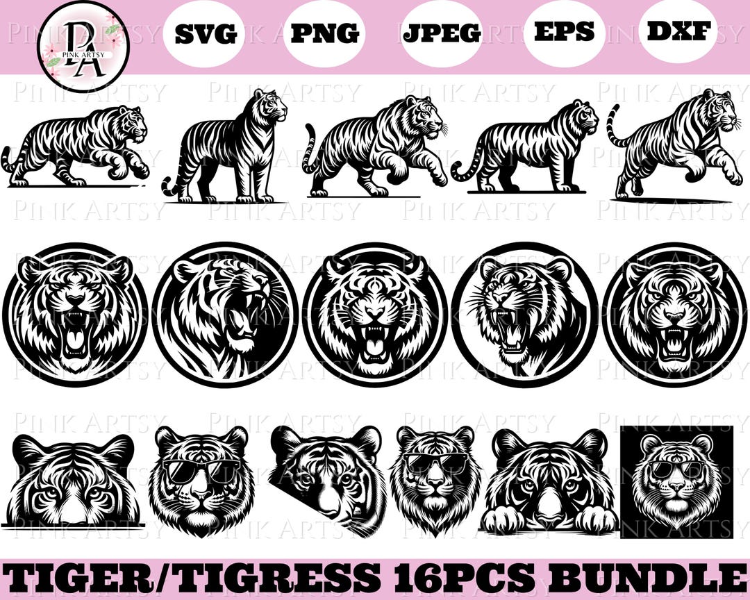 Tiger Bundle Svg Png Jpeg Dxf Eps Tigress Bundle Tiger Peeking Tiger Standing Tiger Sunglasses ...