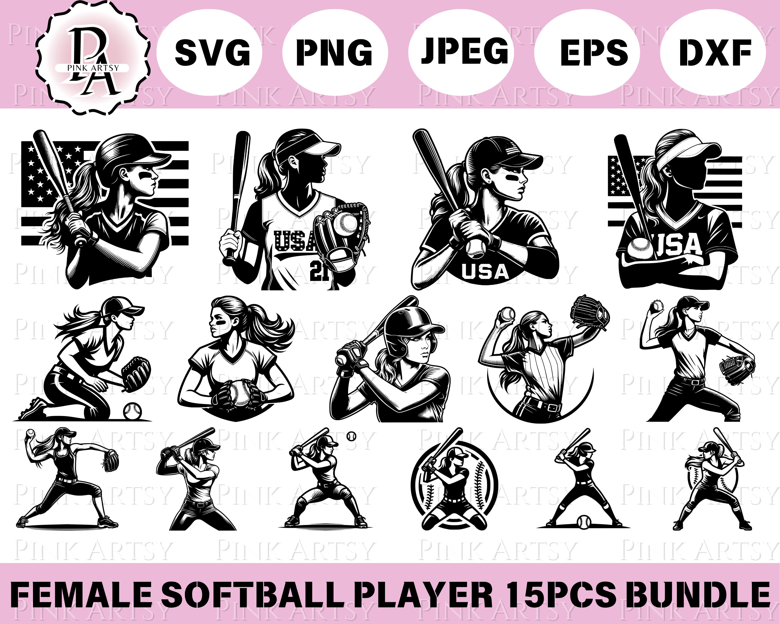 Softball Bundle Svg Png Jpeg Dxf Eps Female Softball Player Cricut File ...