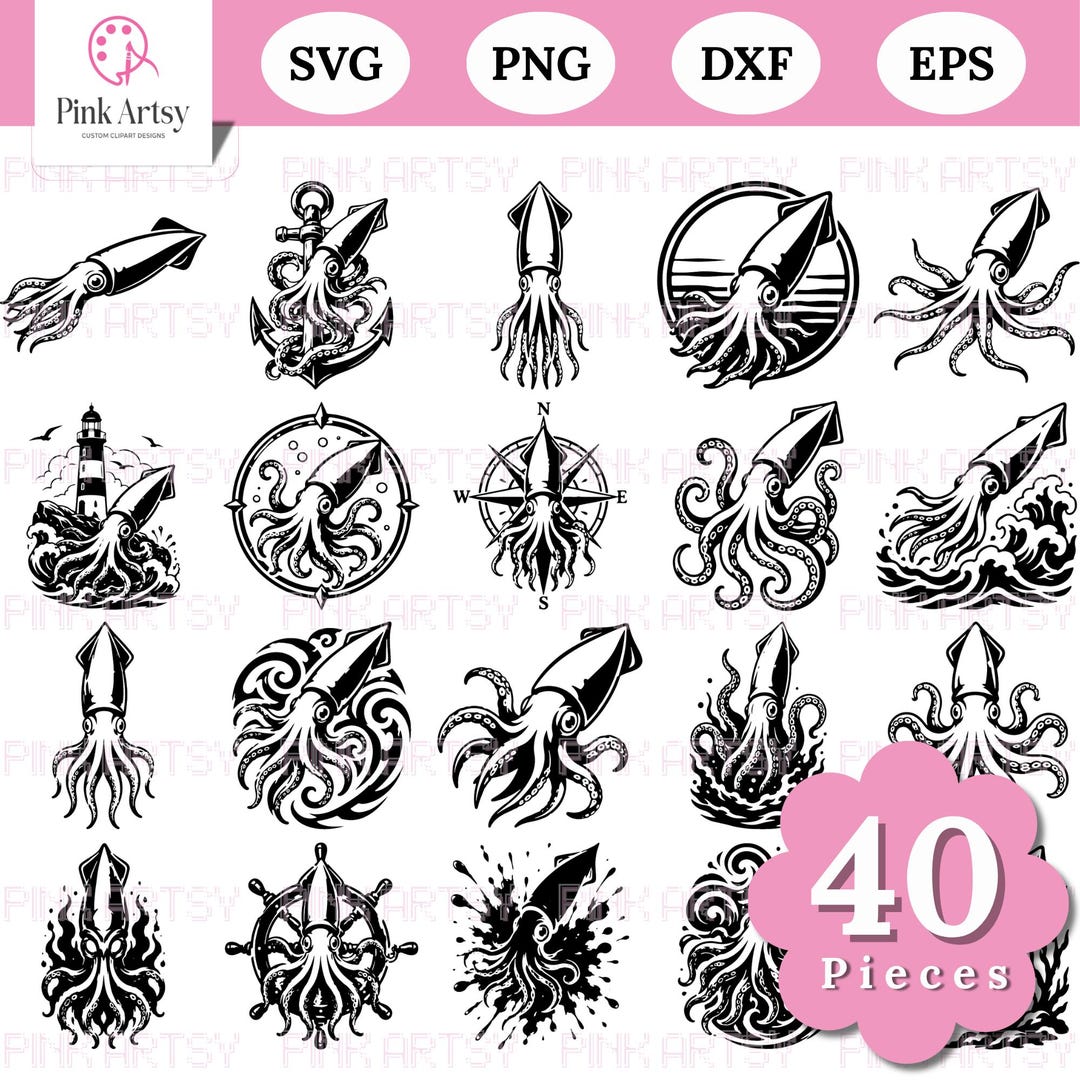Realistic Squid SVG Bundle | Nautical Ocean Sea Creature Vector Clipart ...