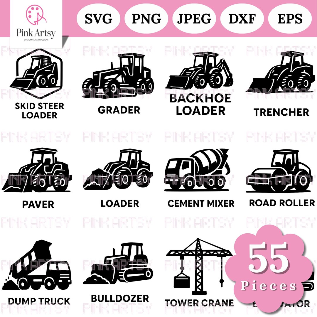 Construction Vehicle SVG Bundle: 55 Heavy Equipment Designs (digital ...