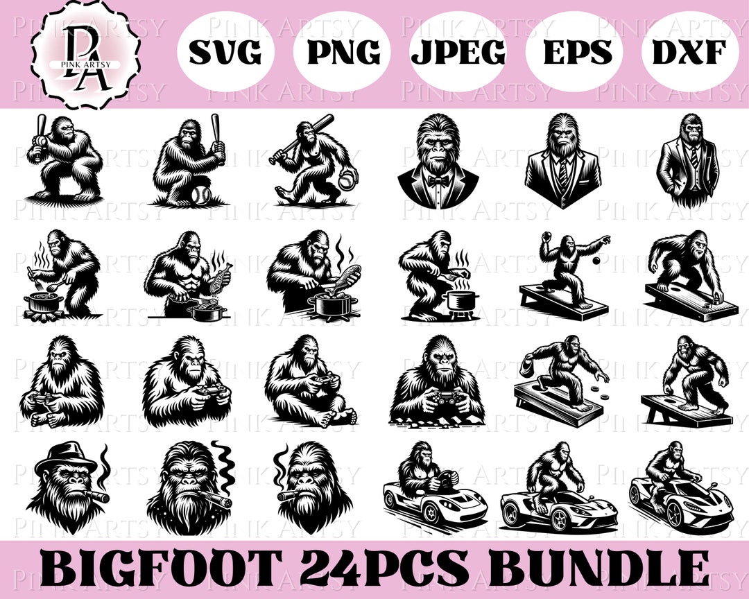 Bigfoot SVG Bundle: Sasquatch in Formal Attire, Gamer, Baseball ...
