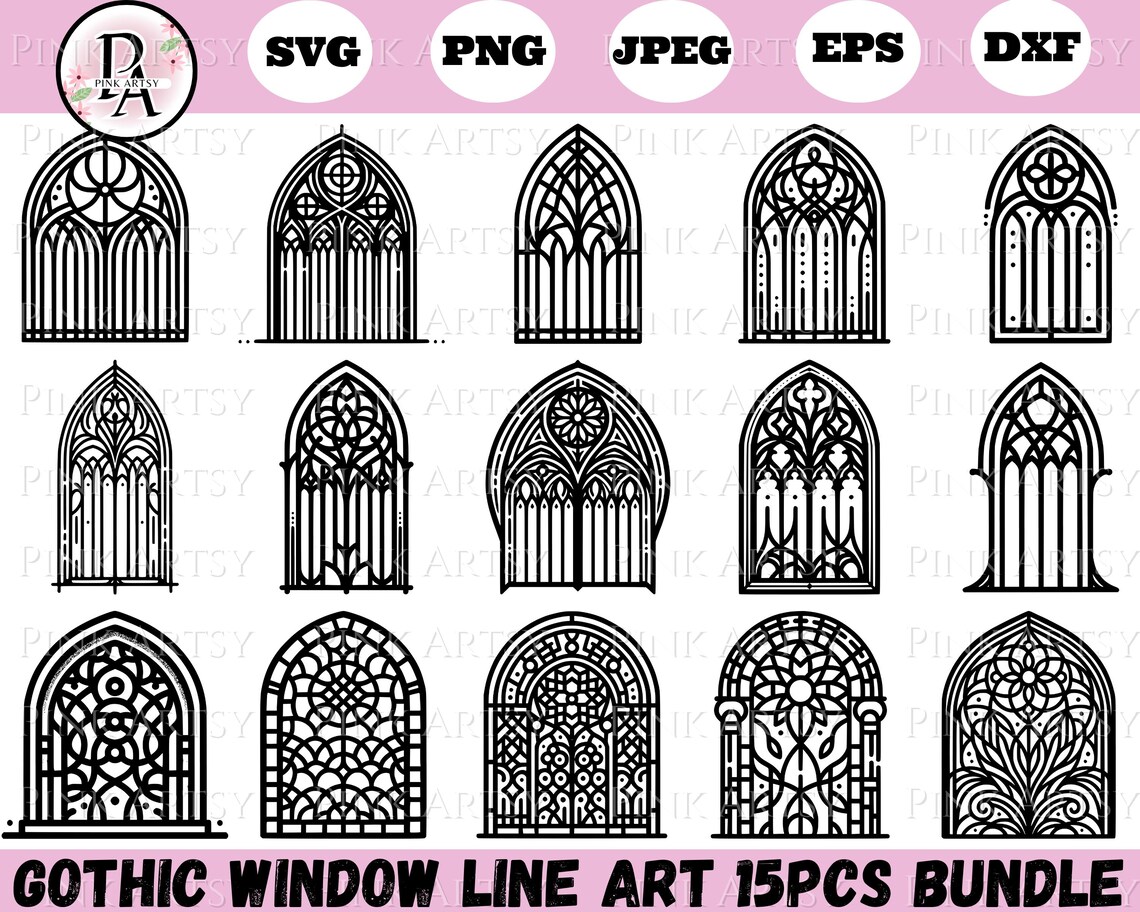 Gothic Window Line Art Bundle Svg Png Jpeg Dxf Eps Gothic Window Mosaic ...