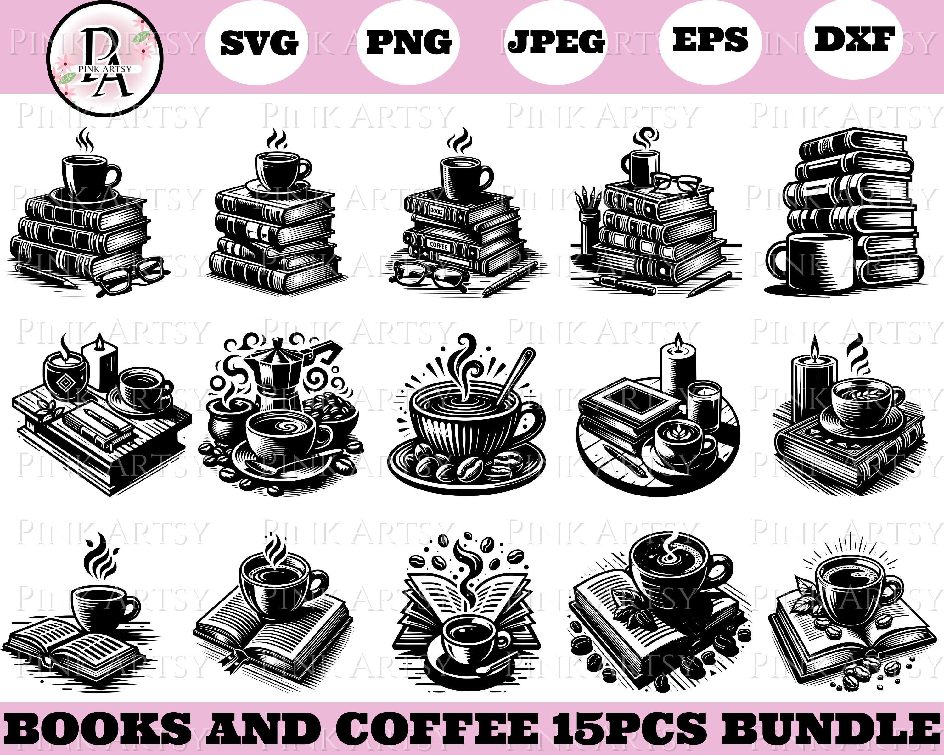 Books and Coffee Clipart Bundle: SVG, PNG, Cricut, Laser Cut (digital ...