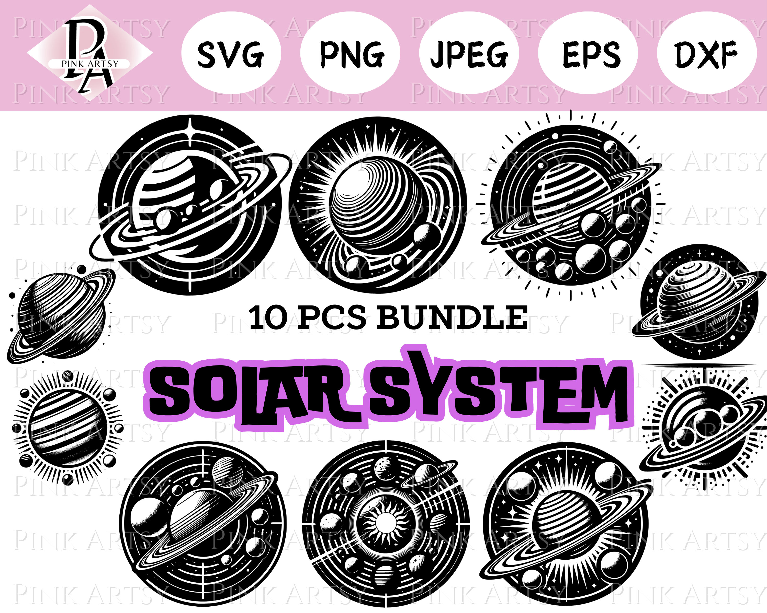 Sistema solar planetas paquete svg png jpeg eps dxf silueta cricut uso ...