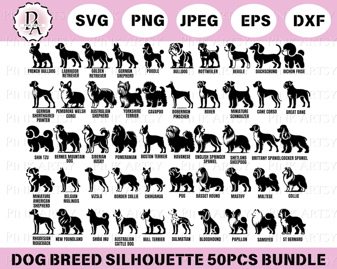 50 Pcs Dog Breed Silhouette Bundle Svg Png Jpg Dxf Eps, Dog Breed Svg ...
