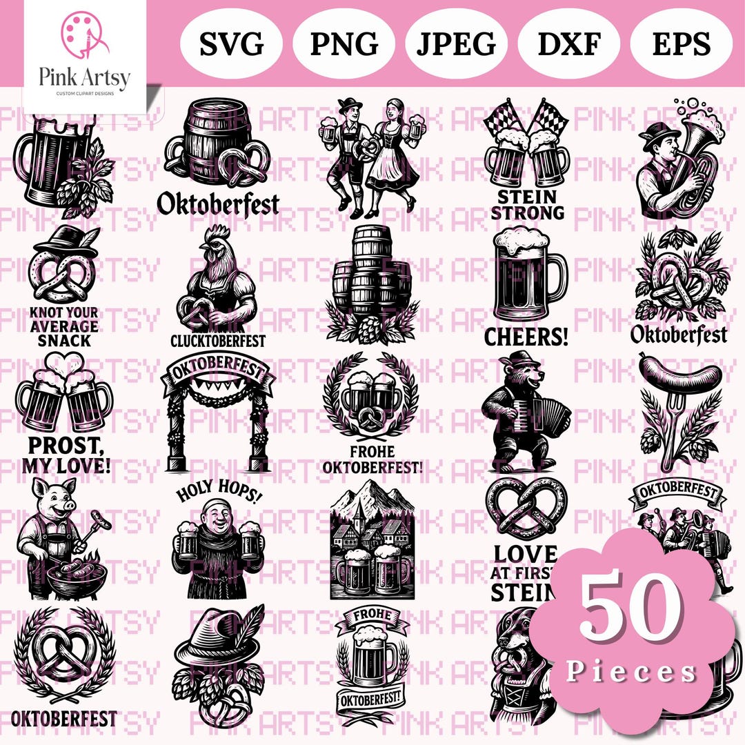 Oktoberfest SVG PNG Bundle: 50 Designs, Beer Mug & Pretzel Clipart ...