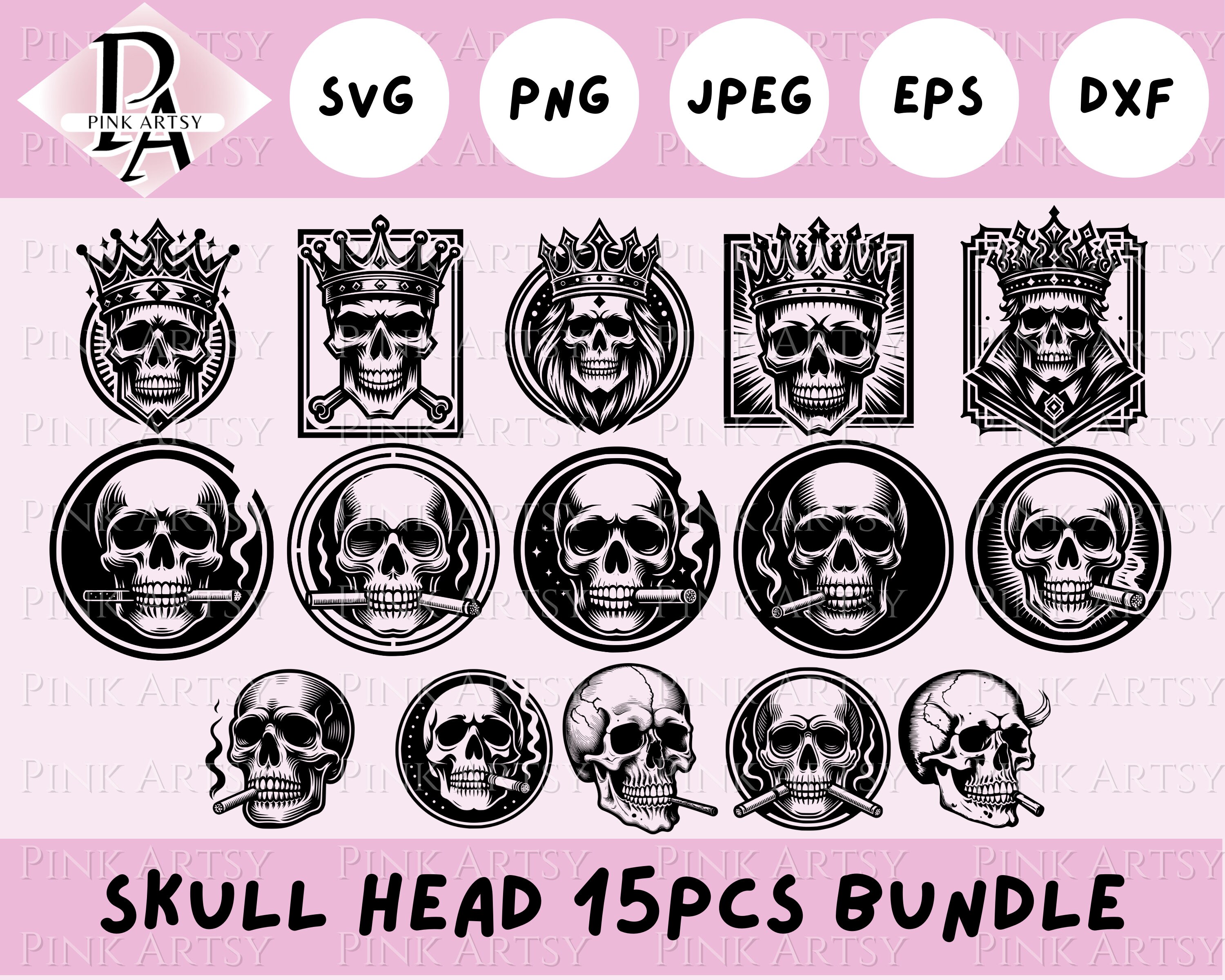 Skull Head Bundle Svg Png Jpeg Skeleton Head Clipart Skull With Crown ...