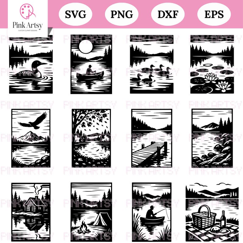 Lake Scene SVG Bundle: Camping, Canoe, Cabin Silhouette Cut Files - Etsy