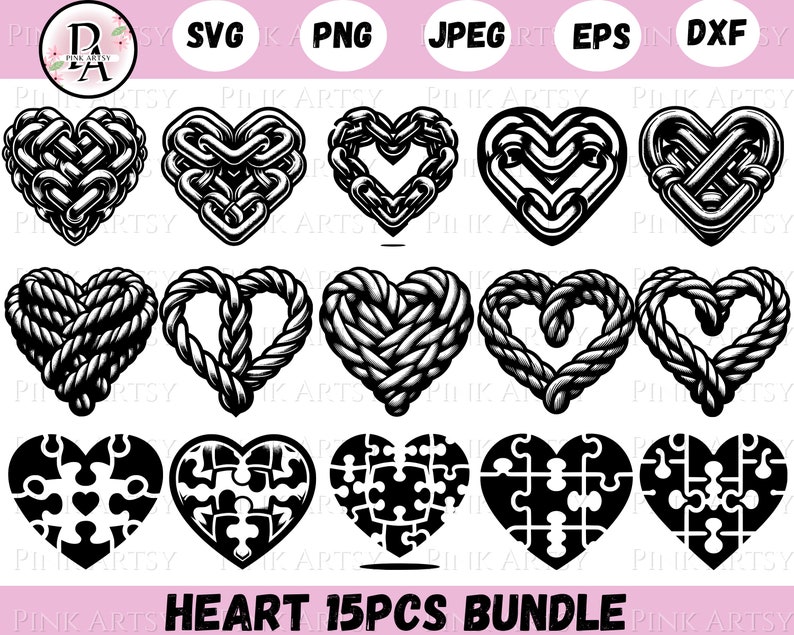 Heart Bundle Svg, Heart Svg Png Jpeg Dxf Eps, Heart Jigsaw Heart Rope ...