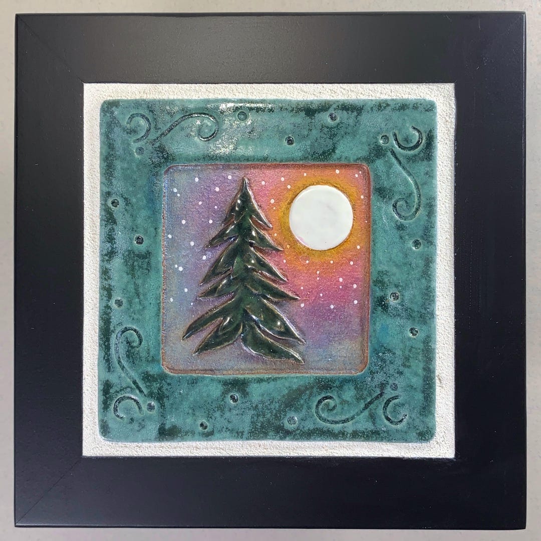 Pine & Moon Framed Tile ~ 4” Ceramic Art Tile ~ 6” Alderwood Frame - Etsy