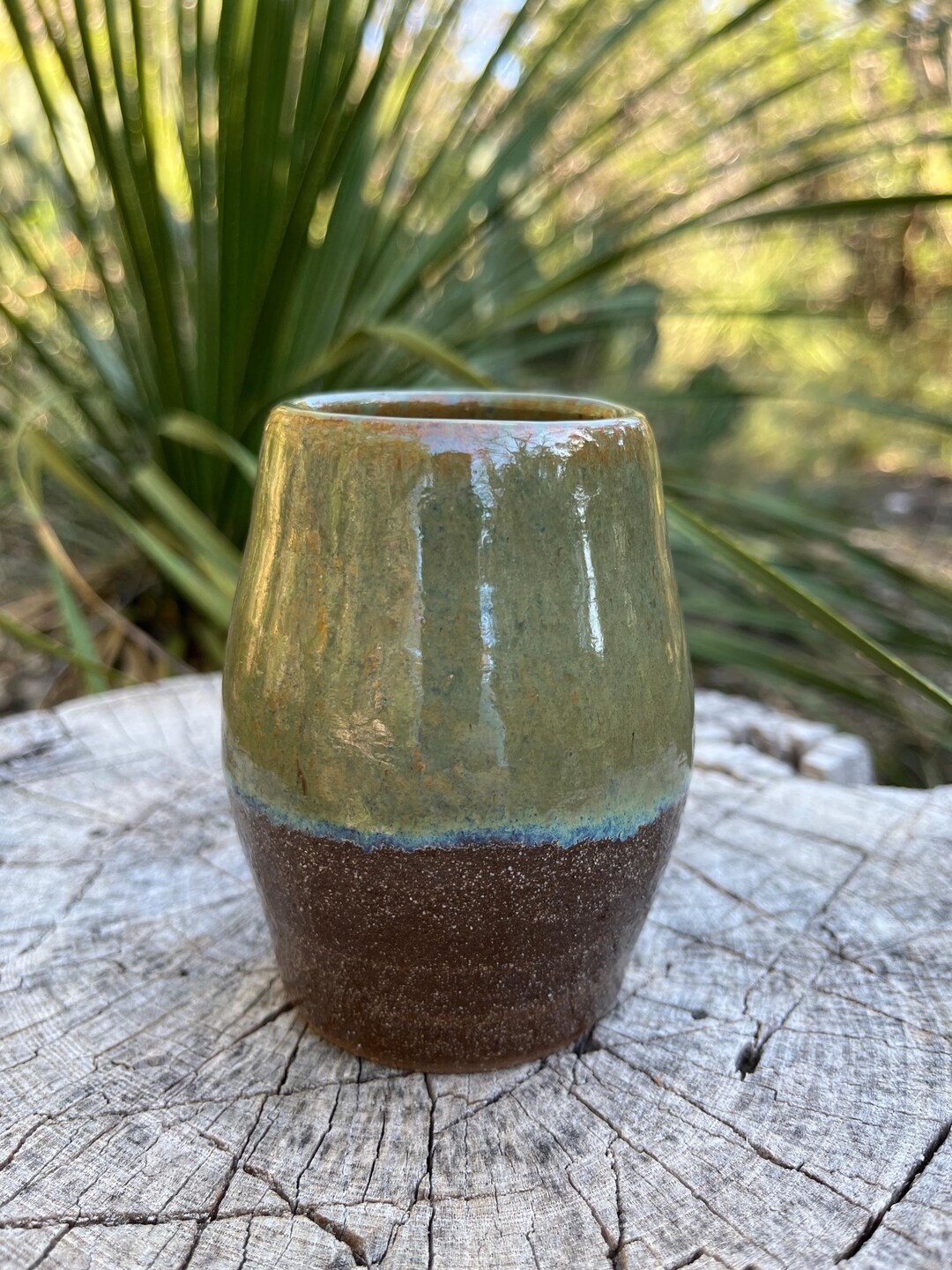 Handmade Pottery Cup, Diffuser or Small Vase, Green Glaze Over Dark ...