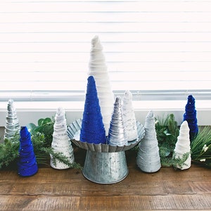 Royal Blue and White Velvet Cone Trees, Silver Cone Trees, Blue ...