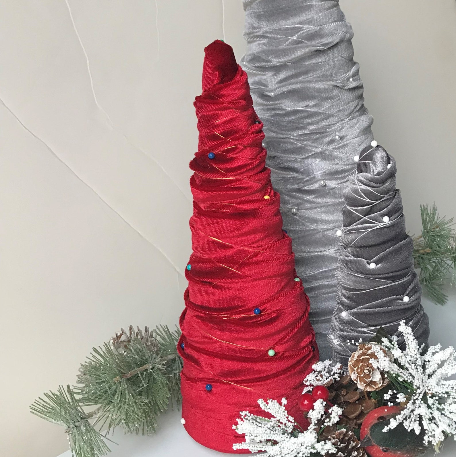 Gray and Deep Red Velvet Trees Velvet Trees Deep Red Velvet | Etsy