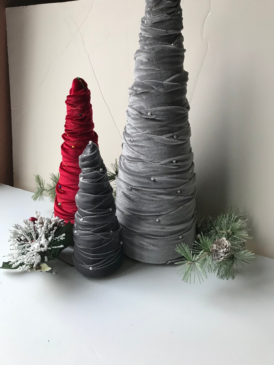 Gray and Deep Red Velvet Trees Velvet Trees Deep Red Velvet | Etsy