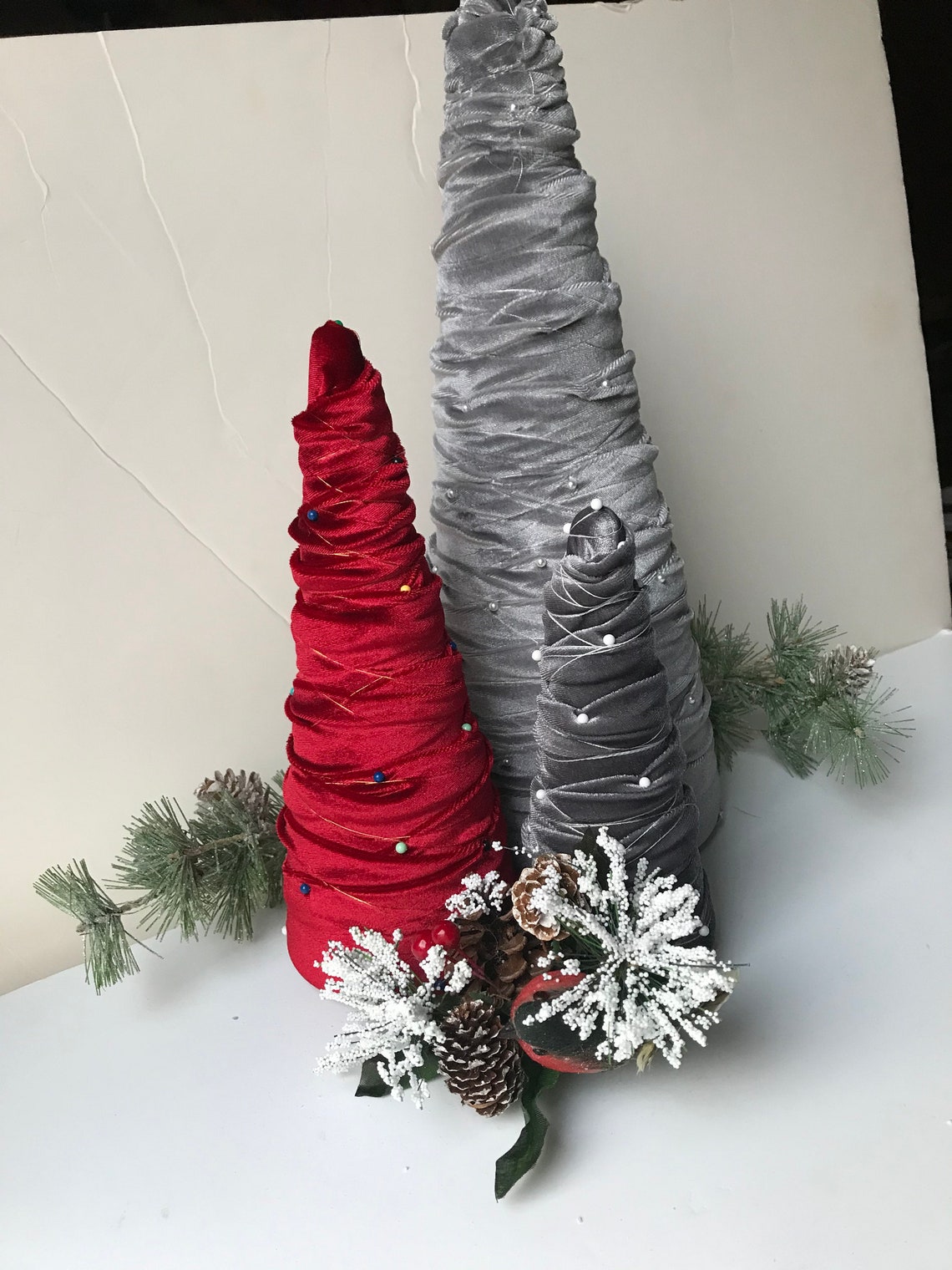Gray and Deep Red Velvet Trees Velvet Trees Deep Red Velvet | Etsy
