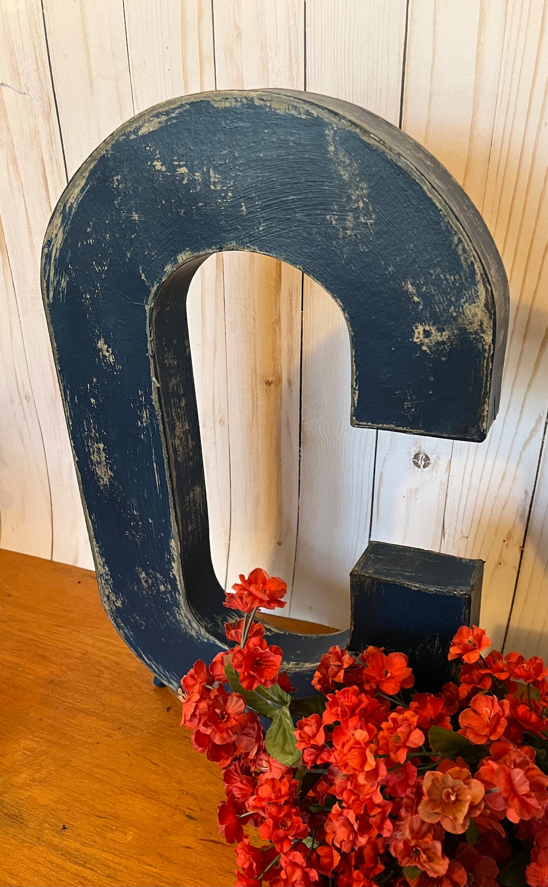 Letter C ~ 16 Inches Tall ~ Navy Blue ~ Paper Mache ~ Distressed With ...