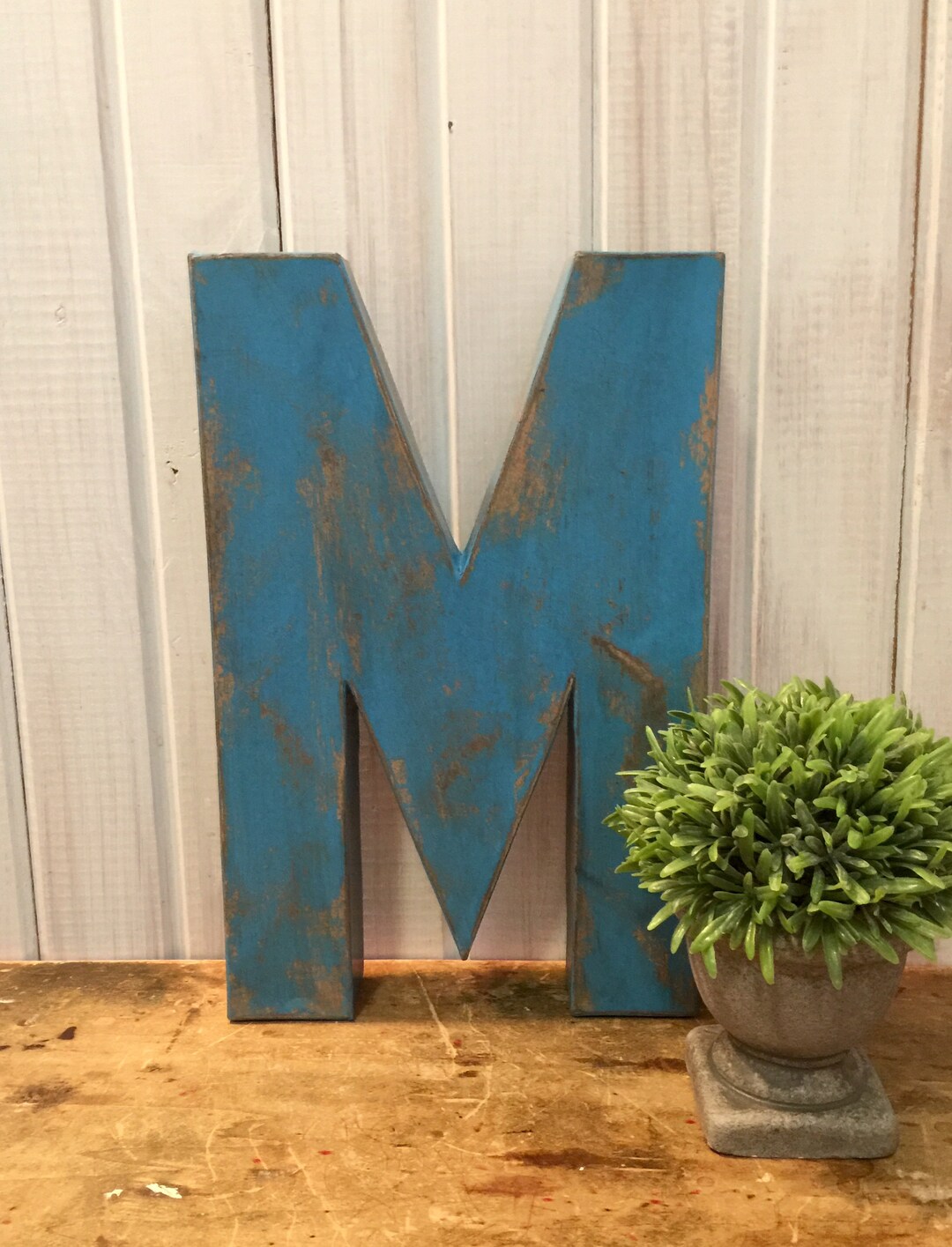 12 Inch Letter M in Turquoise ~ Free Standing Paper Mache~ Distressed ...