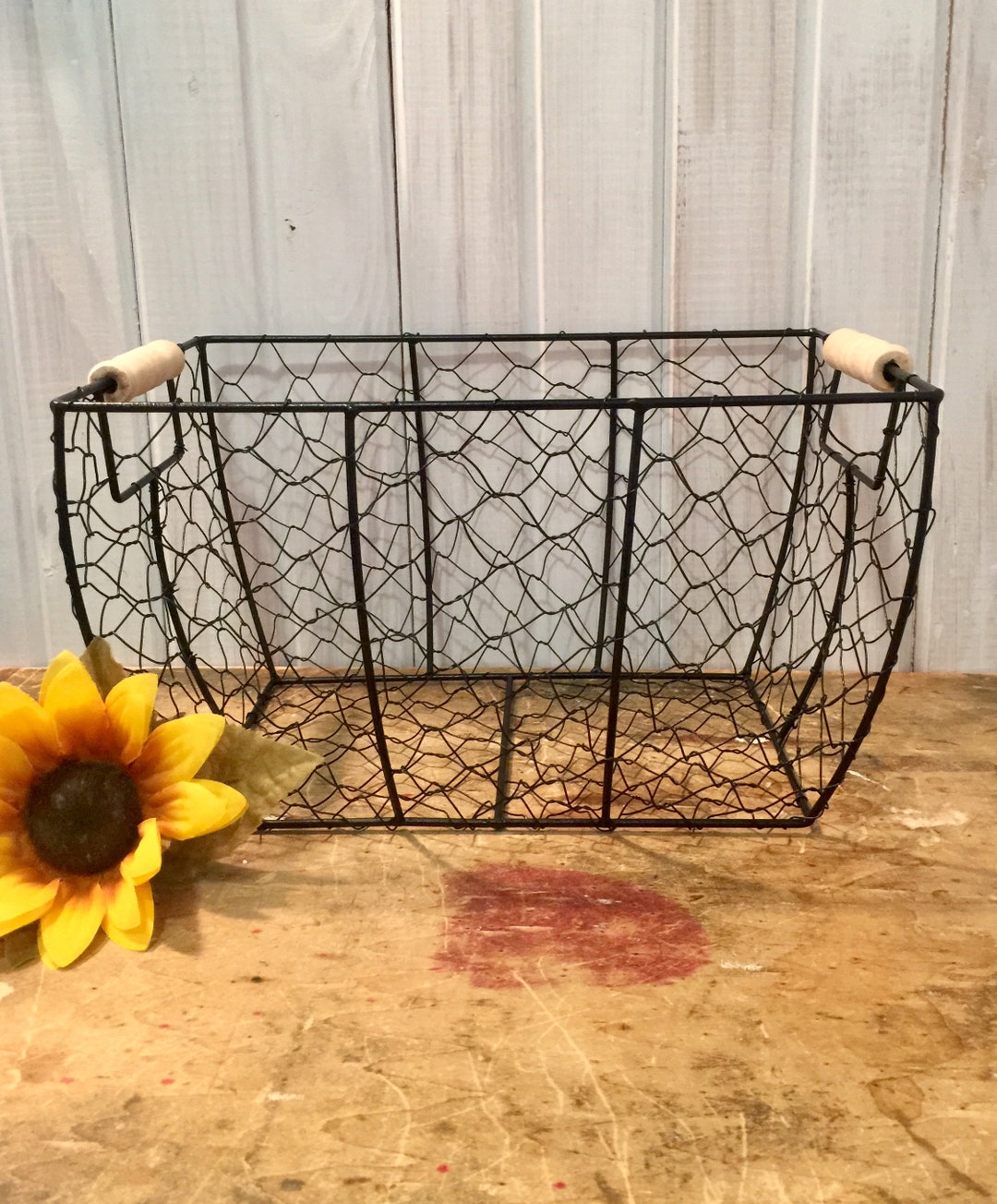 Vintage Inspired Wire Basket in Glossy Black ~ Wire Basket With Wooden ...