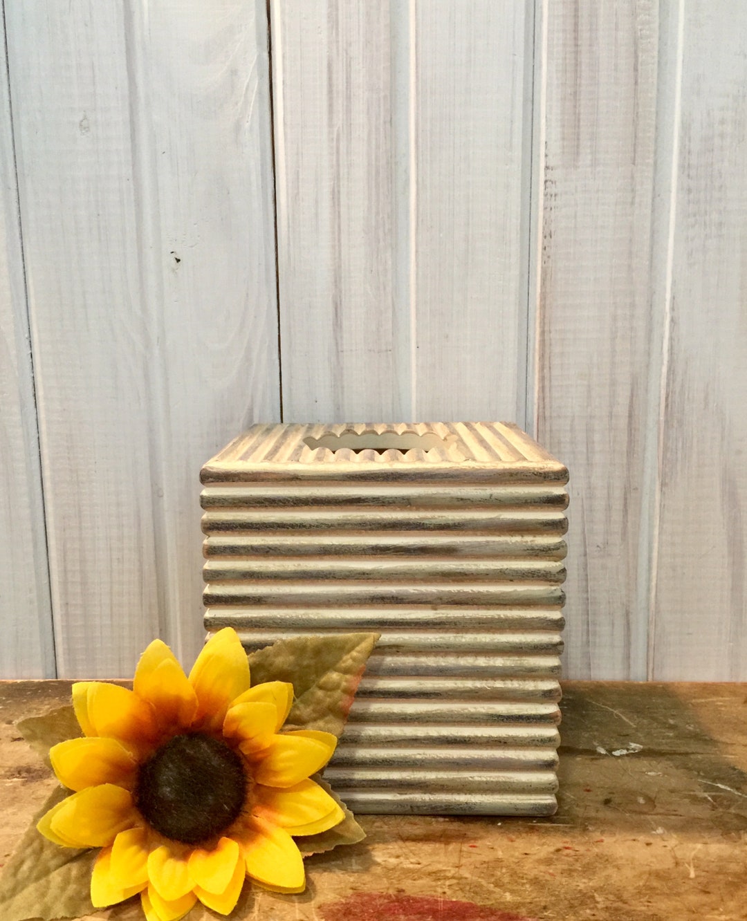 Wooden Tissue Box ~ Shades of Off-white and Brown ~ Rustic ~ Ribbed ...