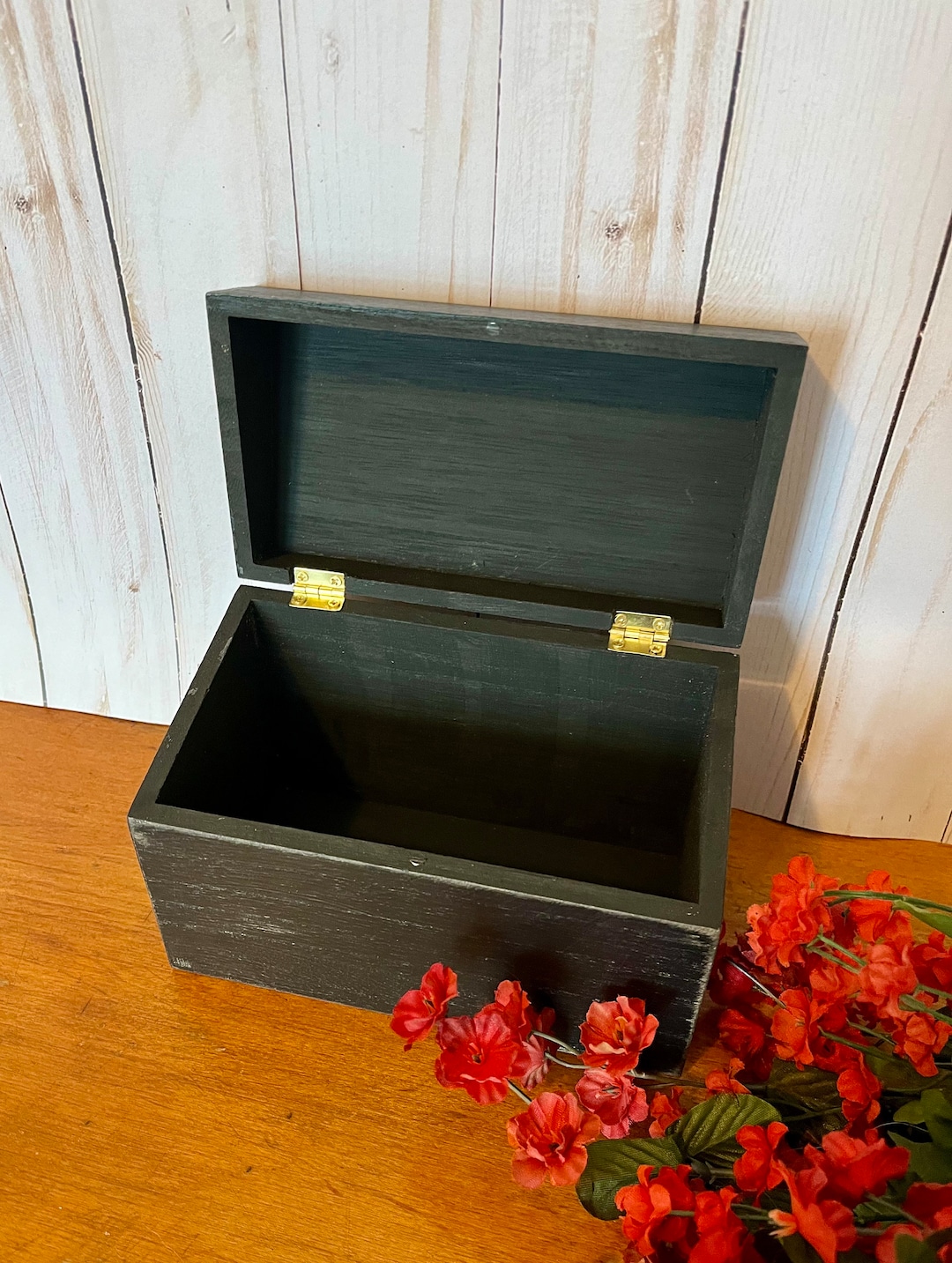Wooden Recipe Box in Soft Black With Hinges ~ Distressed Recipe Box ...
