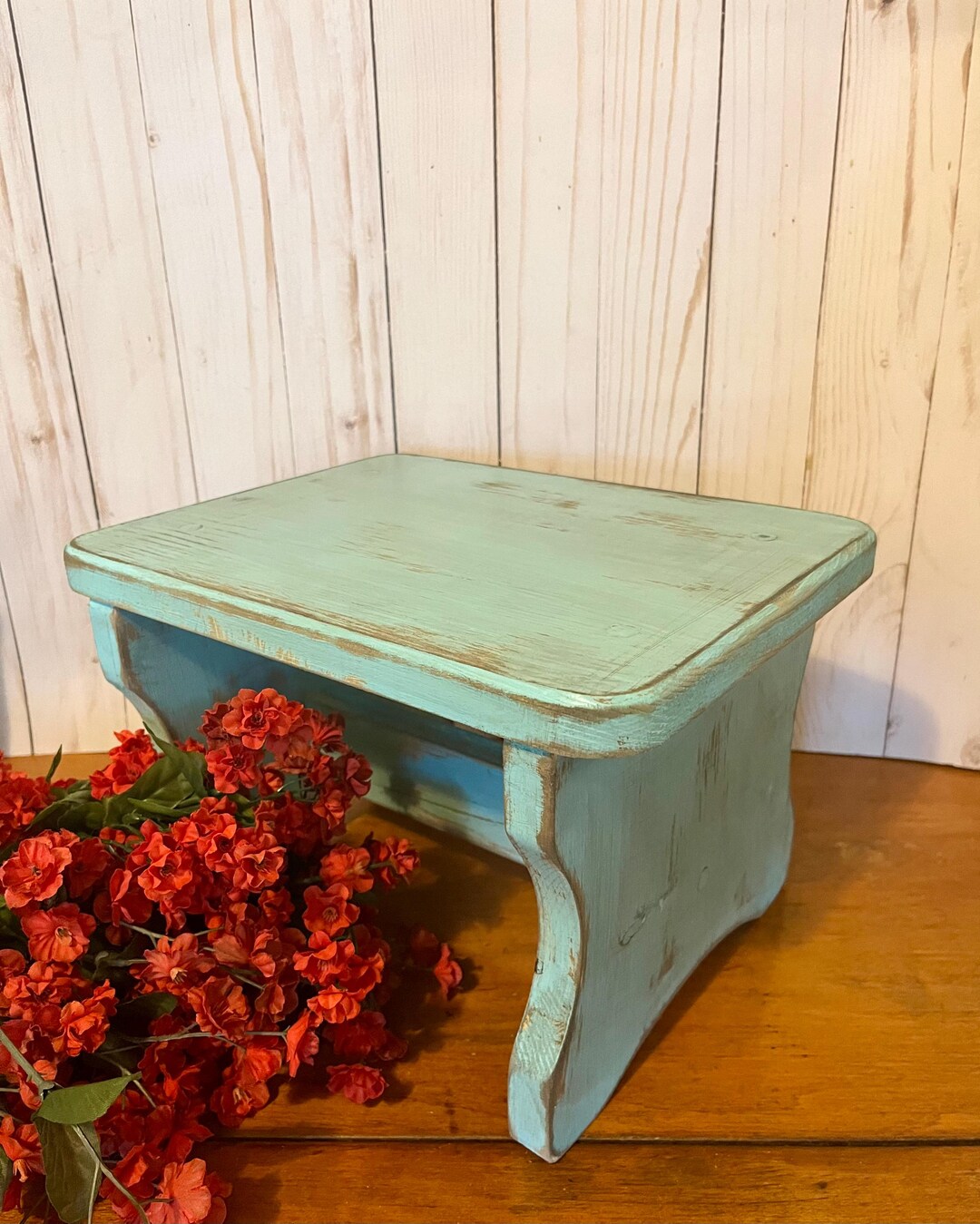 Distressed Wooden Stool in Bird Egg Blue ~ Choose Your Color ~ Cottage ...