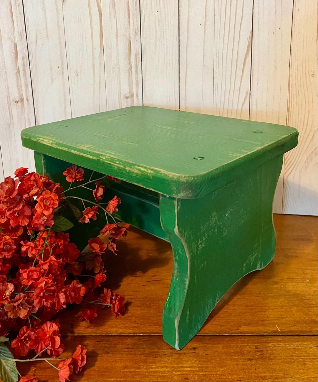 Distressed Wooden Stool in Real Green ~ Choose Your Color ~ Cottage ...