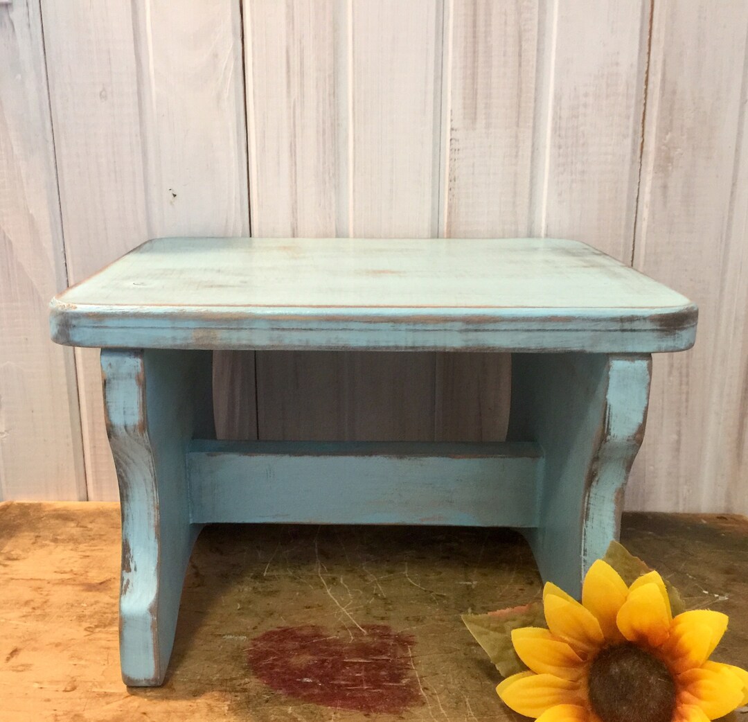 Distressed Wooden Stool in Bird Egg Blue Choose Your Color Cottage Step ...