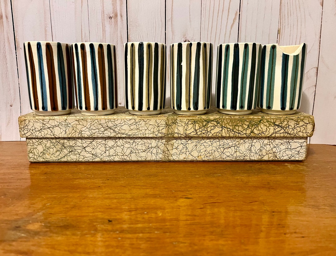 Vintage OMC Japanese Saki Cups ~ Ceramic Saki Cups ~ Striped Saki Bowls ...