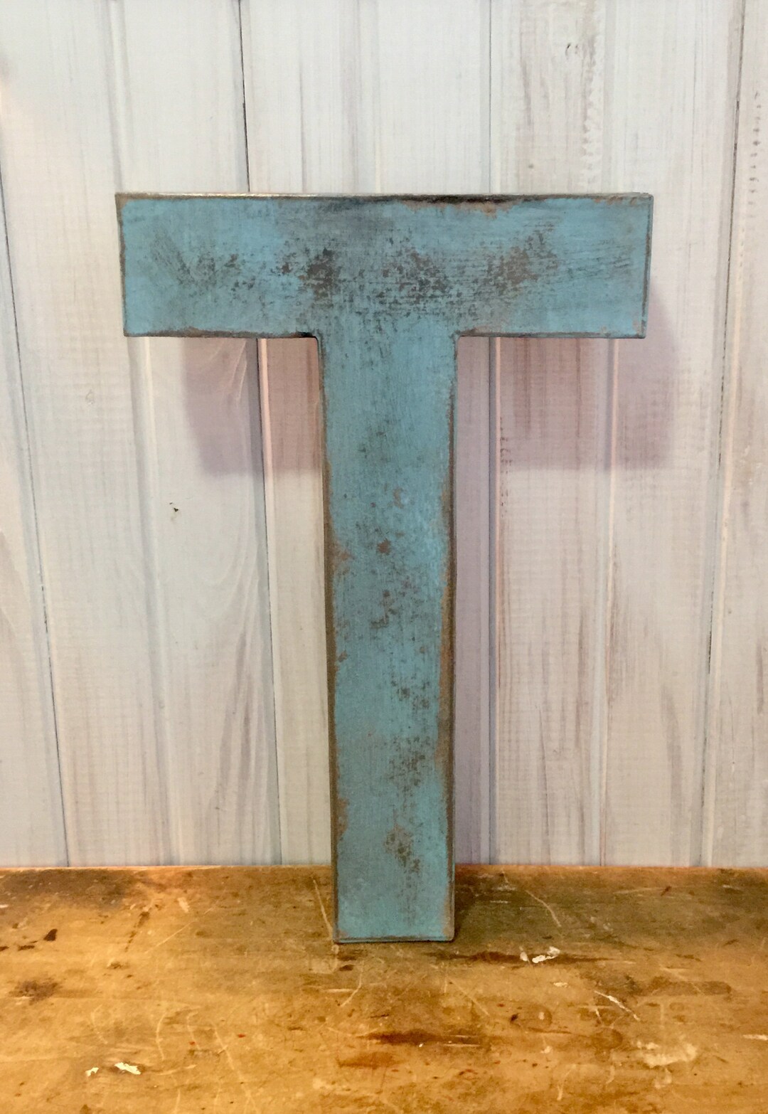 Letter T in Bird Egg Blue ~ 16 Inches Tall Free Standing Paper Mache ...
