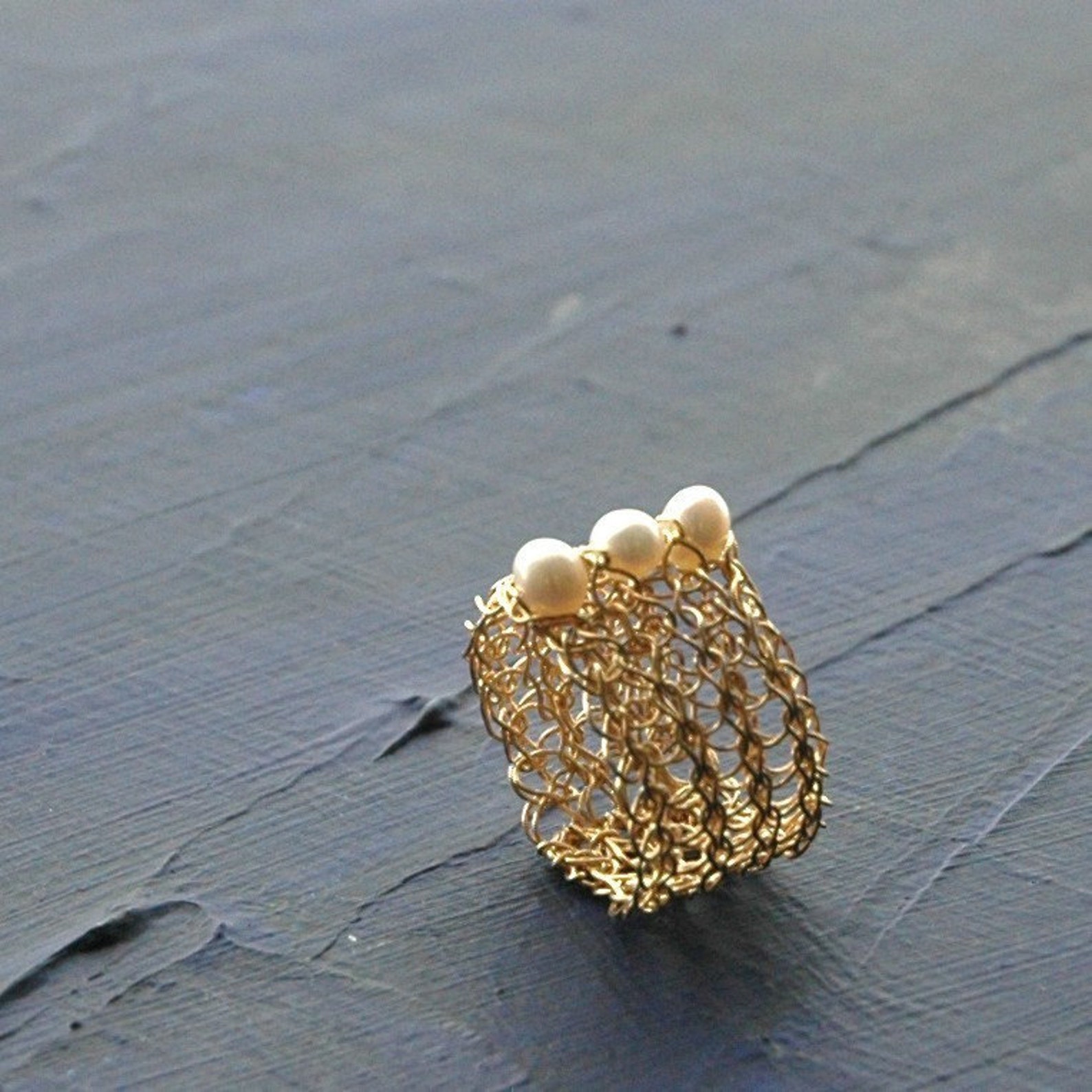 PEARL PEARL Ring Wire Crochet GOLD Ring Textile Jewelry - Etsy