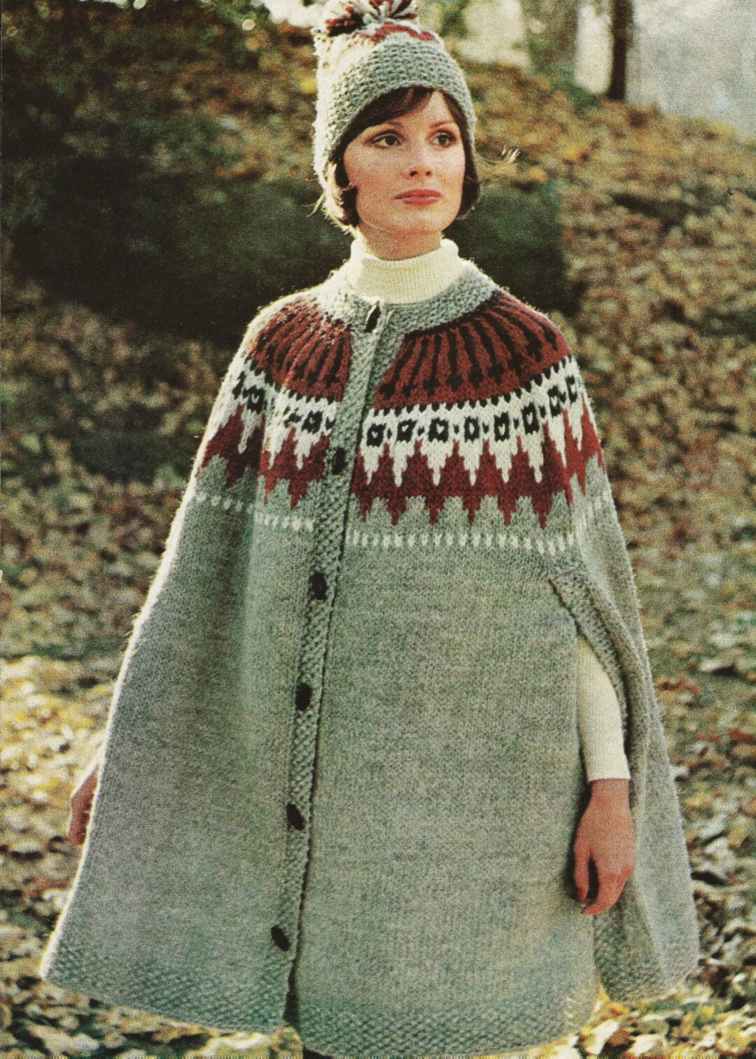 1974 Knitted Buttoned Cap and Matching Cap Set, Soft Sage and Brown, Vintage Pattern - Etsy