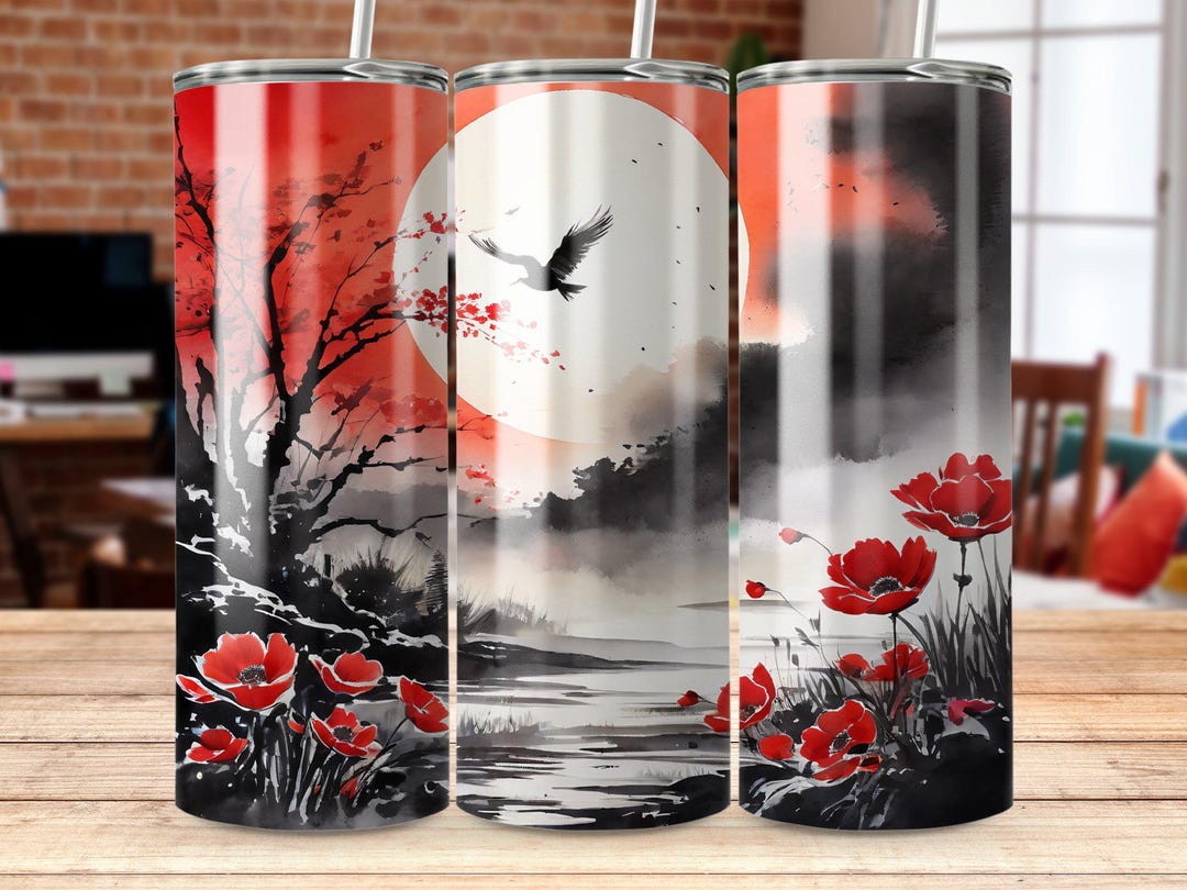 Red Poppy Moon Japanese Landscape Tumbler Sublimation Design (digital ...
