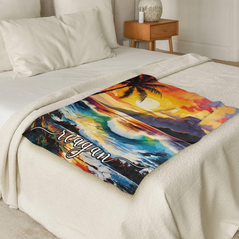 Personalized Sunset Ocean Waves Fleece Blanket: Tropical Beach Decor - Etsy