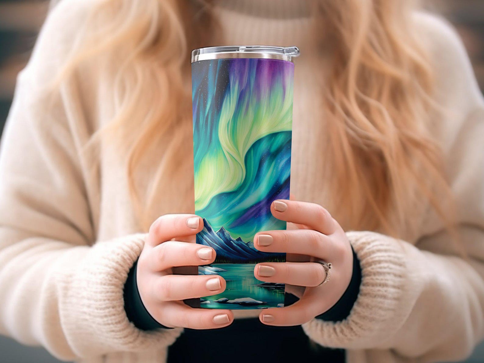 Aurora Borealis Tumbler Wrap: Mountain Scenery Sublimation (PNG Digital ...