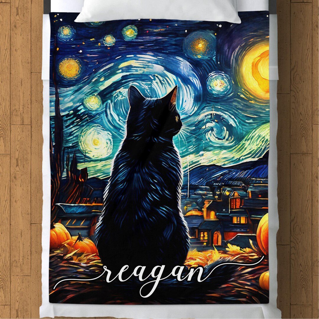 Custom Starry Night Cat Fleece Blanket Personalized Halloween Decor ...