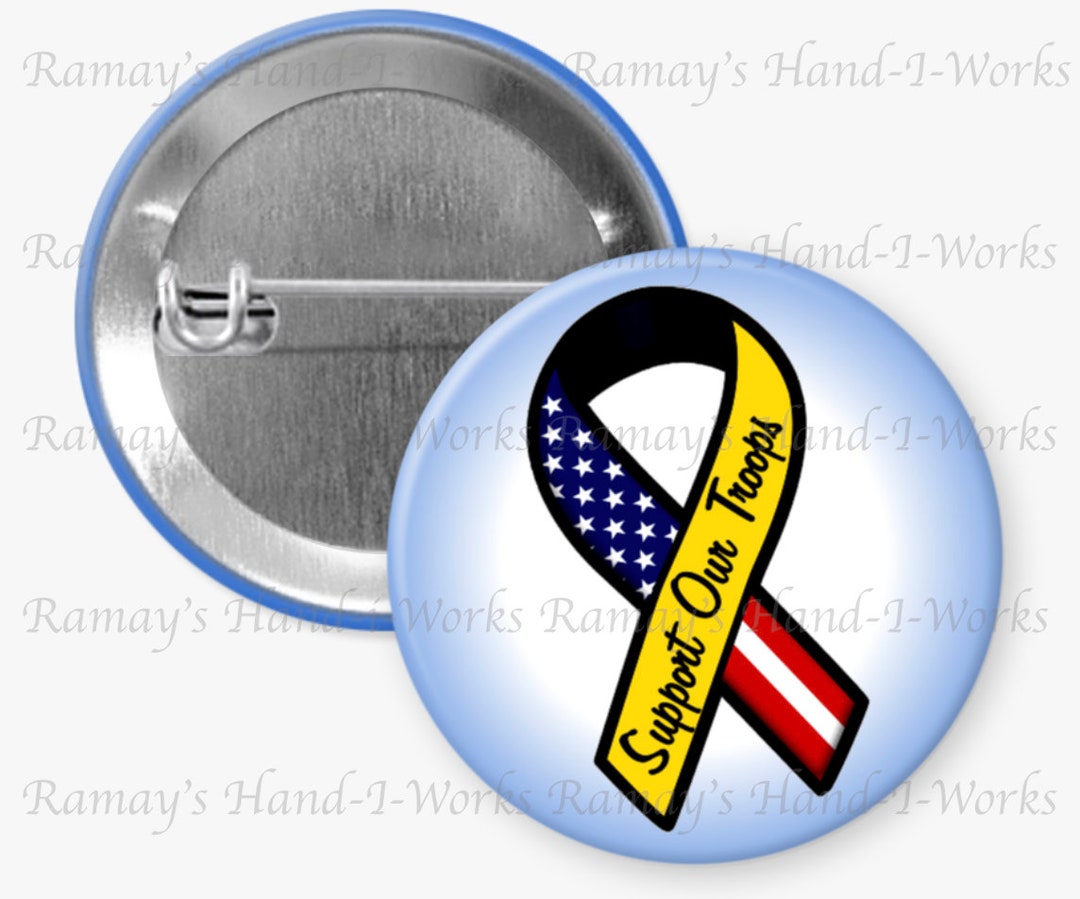 Patriotic, Military US Flag Support Our Troops, Yellow Ribbon Round Pin ...