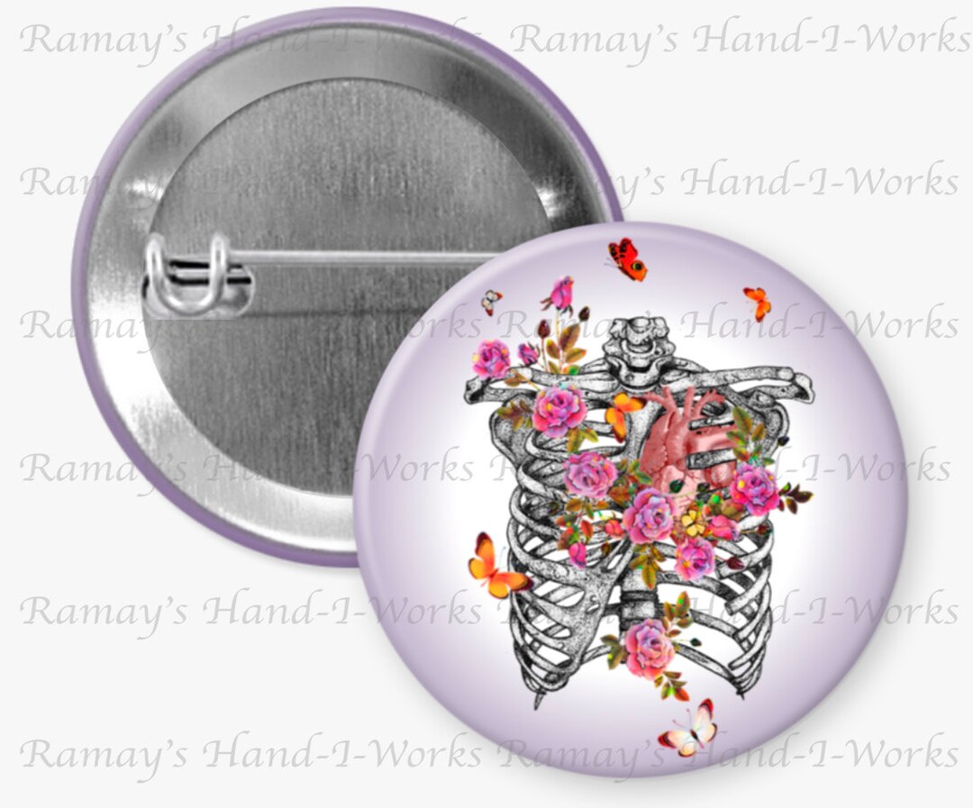 Nurse Watercolor Floral Rib Cage With Heart Round Pin Back Button ...