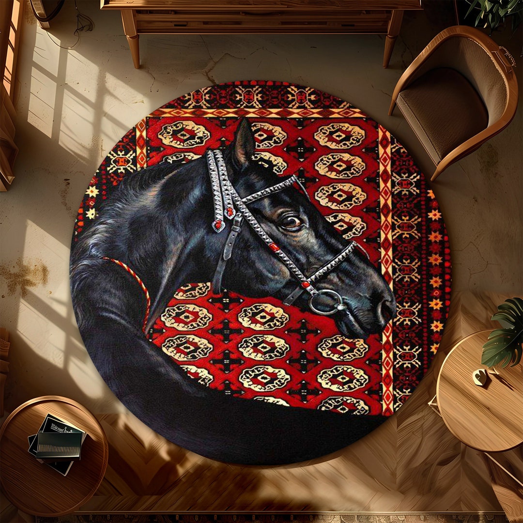 Black Horse Rug, Wide Circle Rug, Animal Rug, Coffe Table Rug, Outdoor ...