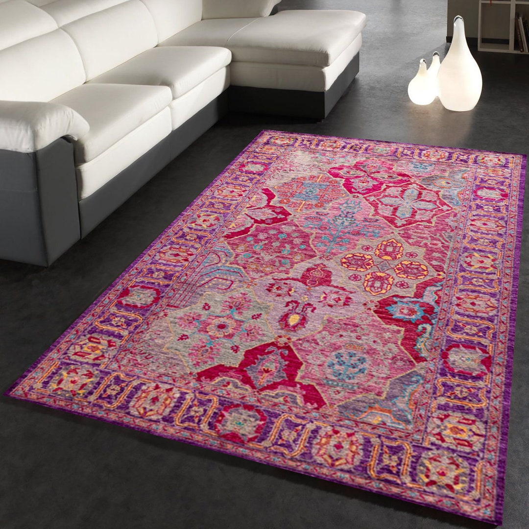 Purple Rug, Turkish Style Rug, Chic Livingroom Rug, Nonslip Rug, Pastel ...