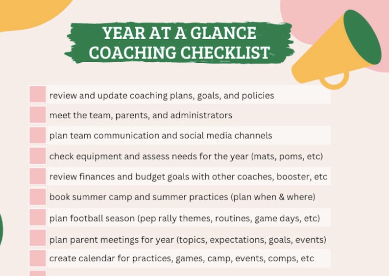 Editable Cheer Coach Checklist (year at a Glance), Coaching Templates ...