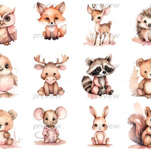 Watercolor Woodland Animals Clipart Pink-owl, Fox,deer,hedgehog,bird ...