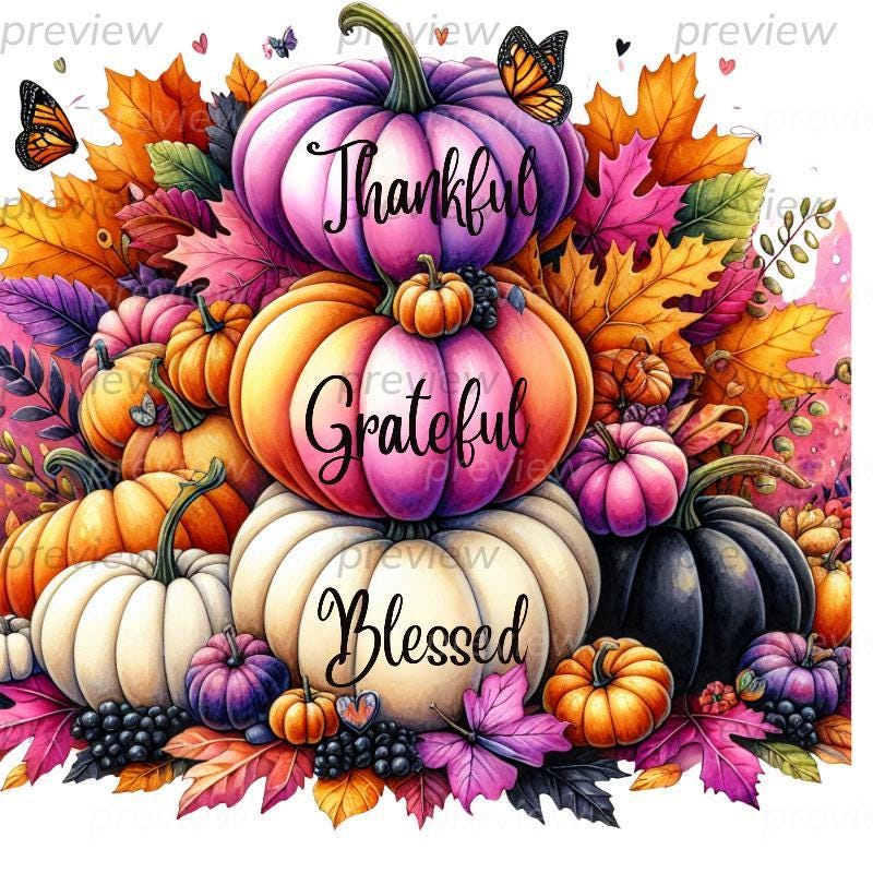 Thankful Grateful Blessed Fall PNG , Pumpkins and Autumn Leaves, Sublimation, Clipart, Fall Wall ...