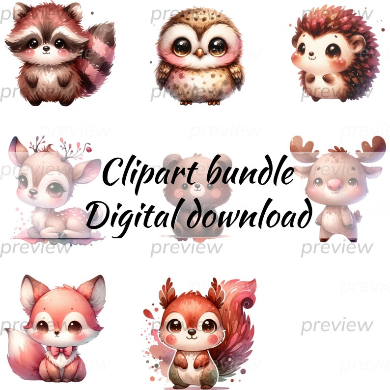 Baby Woodland Animals Clipart Bundle, Cute Nursery Art Bear, Fox ...