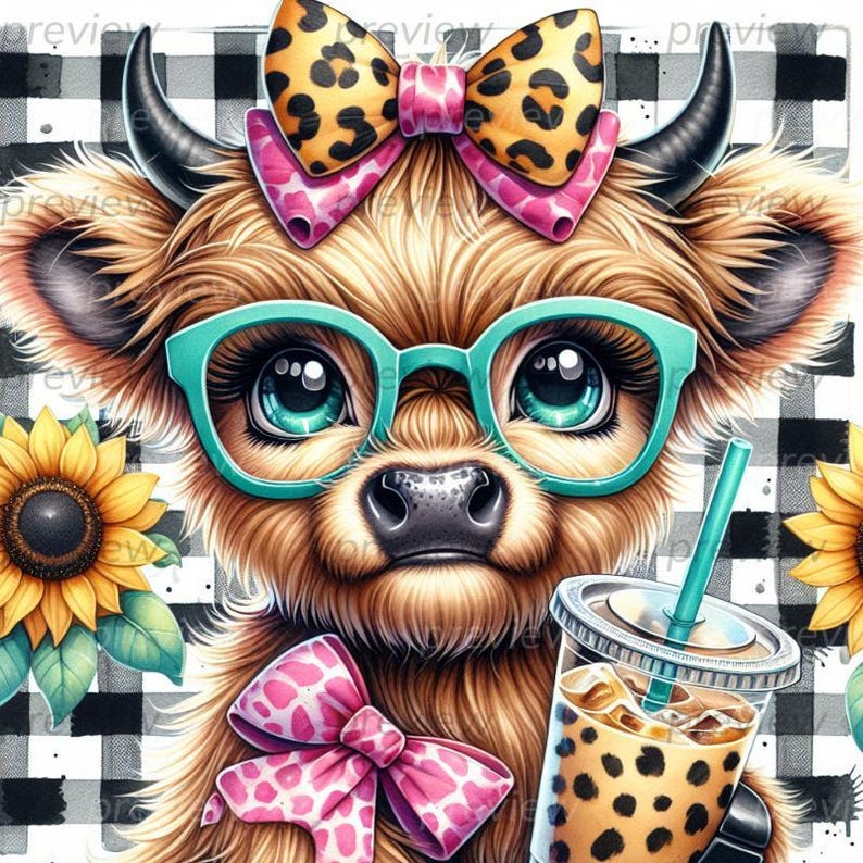 Cute Highland Cow Clipart Sublimation Design, Baby Cow With Sunflower ...