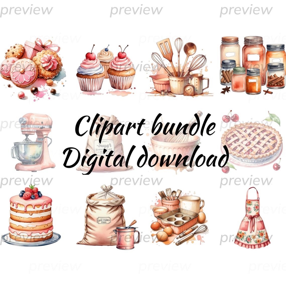 Watercolor Baking Clipart, Baking Supplies Png, Home Bakery Logo ...